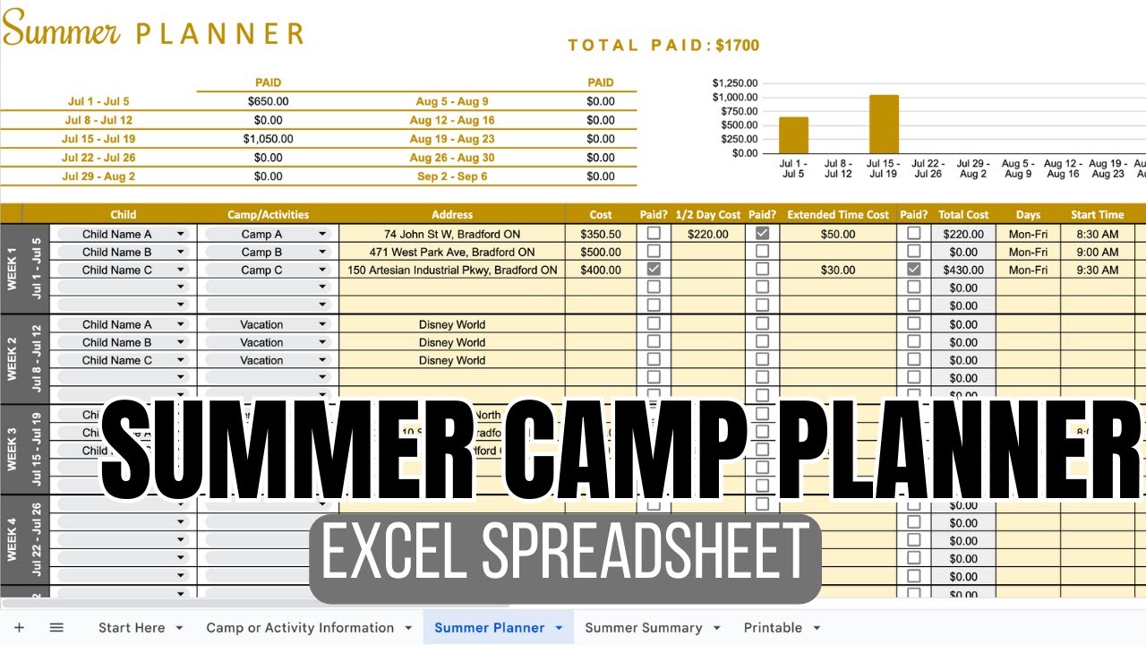 Summer Camp Tracker Spreadsheet (Excel)