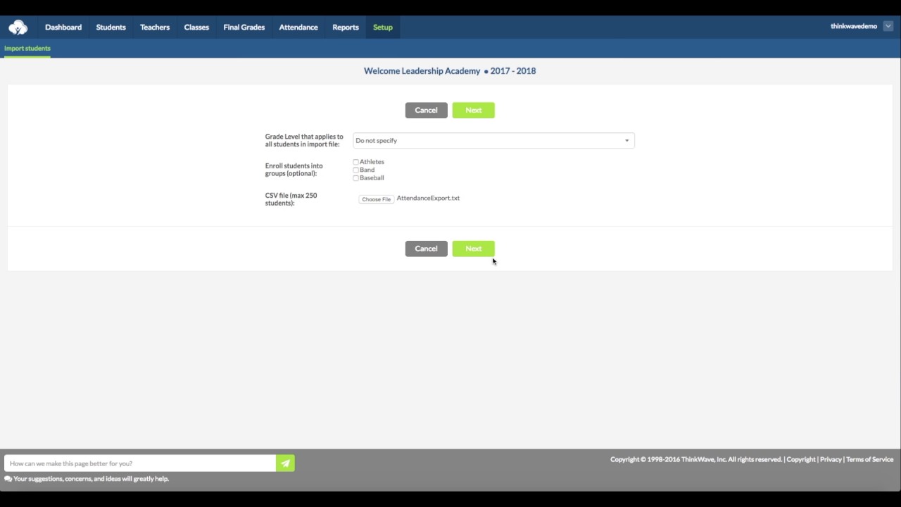 ThinkWave School Admin Software, Setup | Import Export Tab