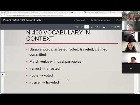 Lesson on present perfect and N-400 vocabulary for ESL/citizenship class.
