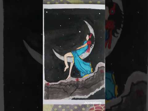 Girl sitting on a moon painting || JS Creations #art #painting #girl drawing