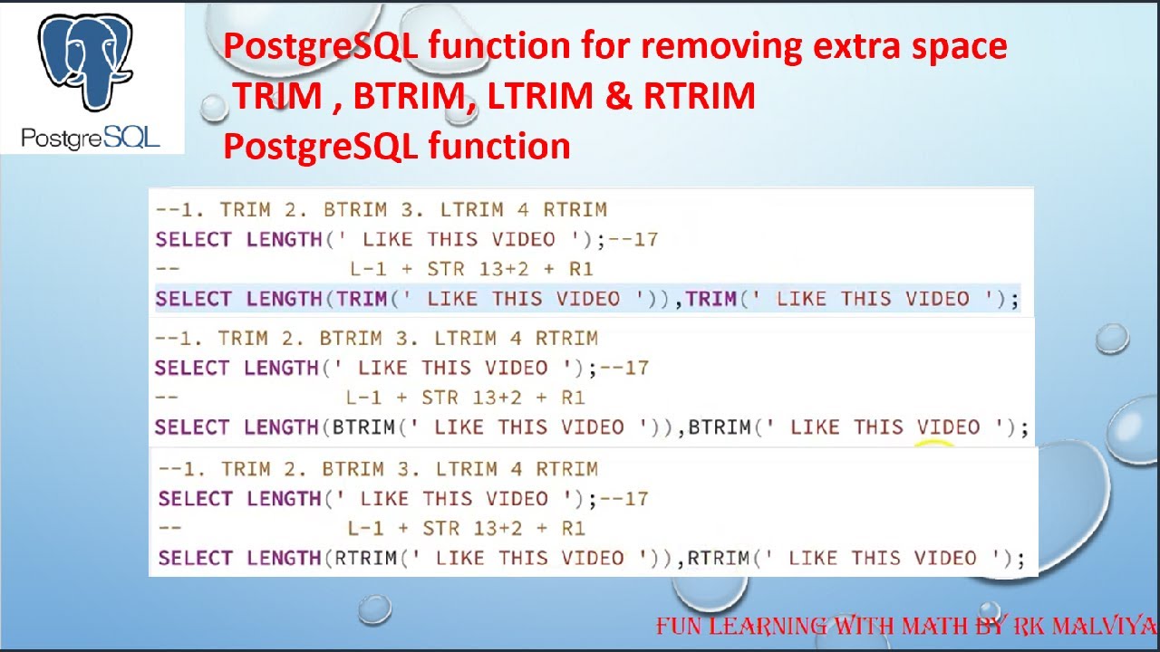 PostgreSQL function for removing extra space | TRIM , BTRIM, LTRIM & RTRIM PostgreSQL function #VD51