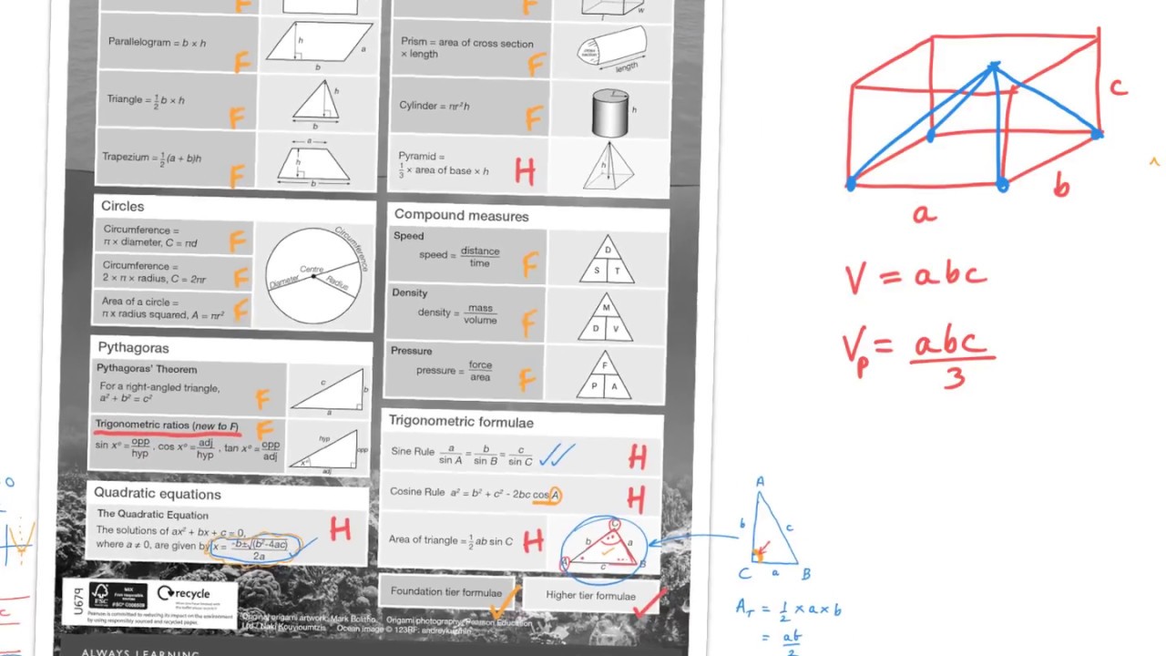 EDEXCEL FORMULAE FOR NEW MATHS (9-1) GCSE. YOU NEED TO KNOW THESE.