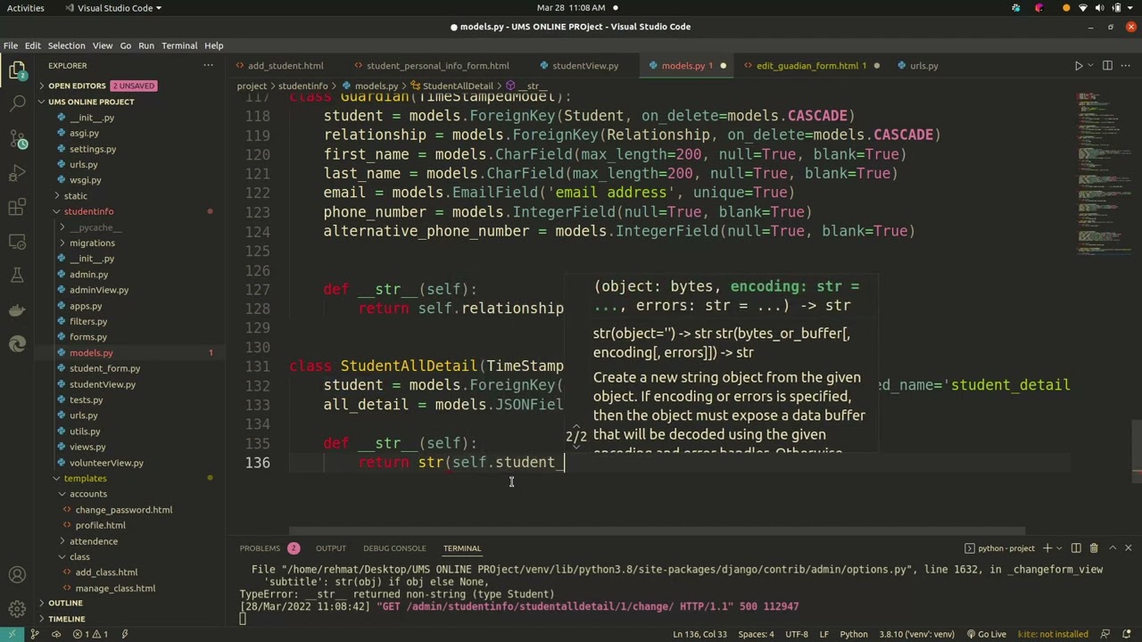 TypeError: __str__ returned non-string (type User) python django  | Django Error