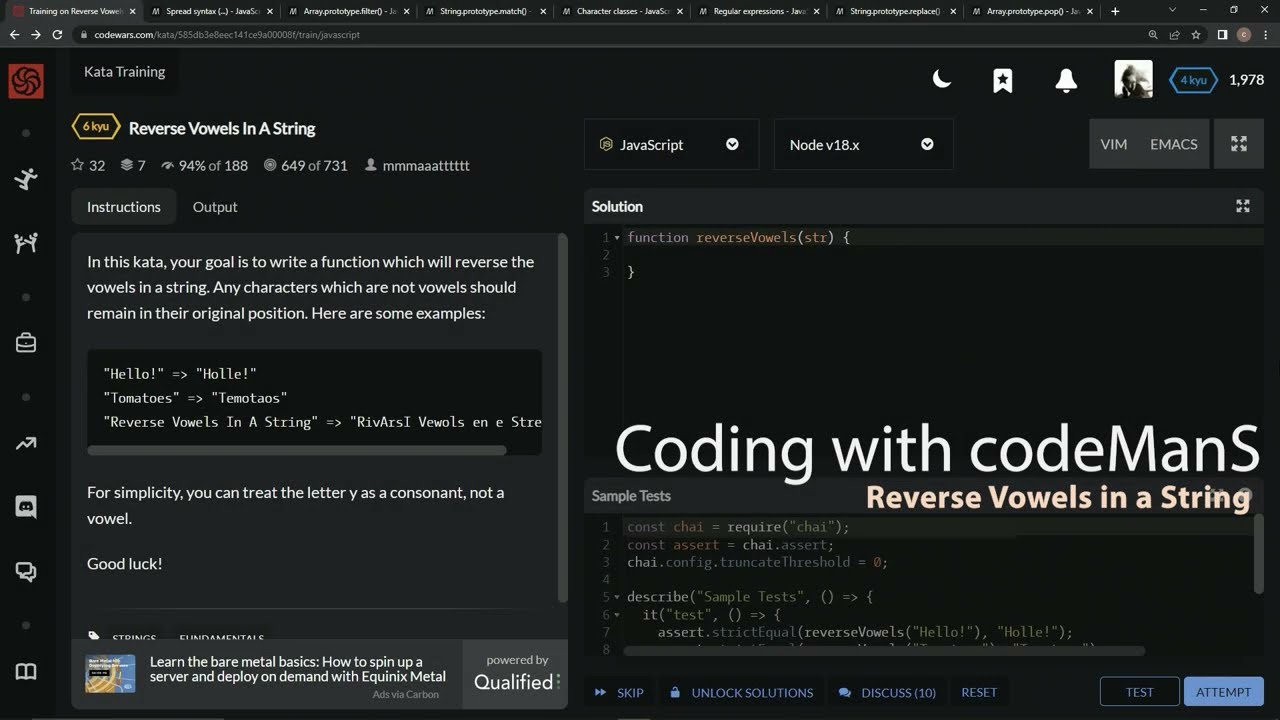 Learn JavaScript | Codewars 6 kyu Season 2 - Reverse Vowels in a String
