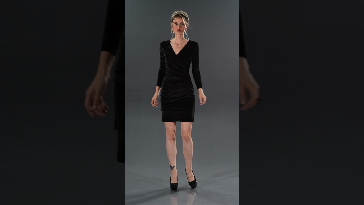 Siyah Kruvaze Yaka Uzun Kollu Kadife Elbise ABK715