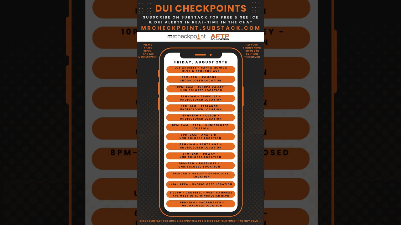DUI Checkpoints Friday August 29th 2025