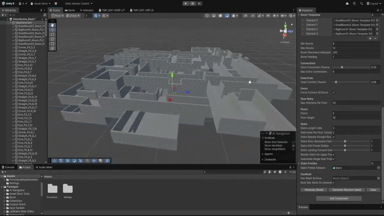 Unity Procedural Dungeon Generator (Seeded, Multi-Floor Stairs)