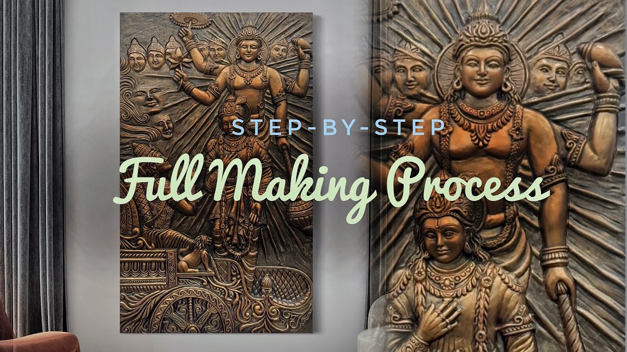 Majestic 5X3 Feet 3D Relief Mural of Lord Krishna's Gita Updesh to Arjun in Bronze & Golden hues.