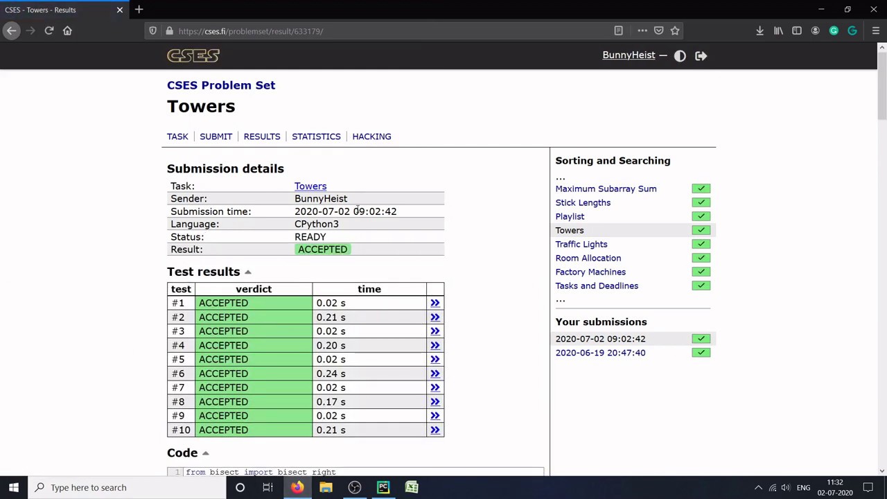 PYTHON Towers Algorithm - CSES Sorting and Searching #11