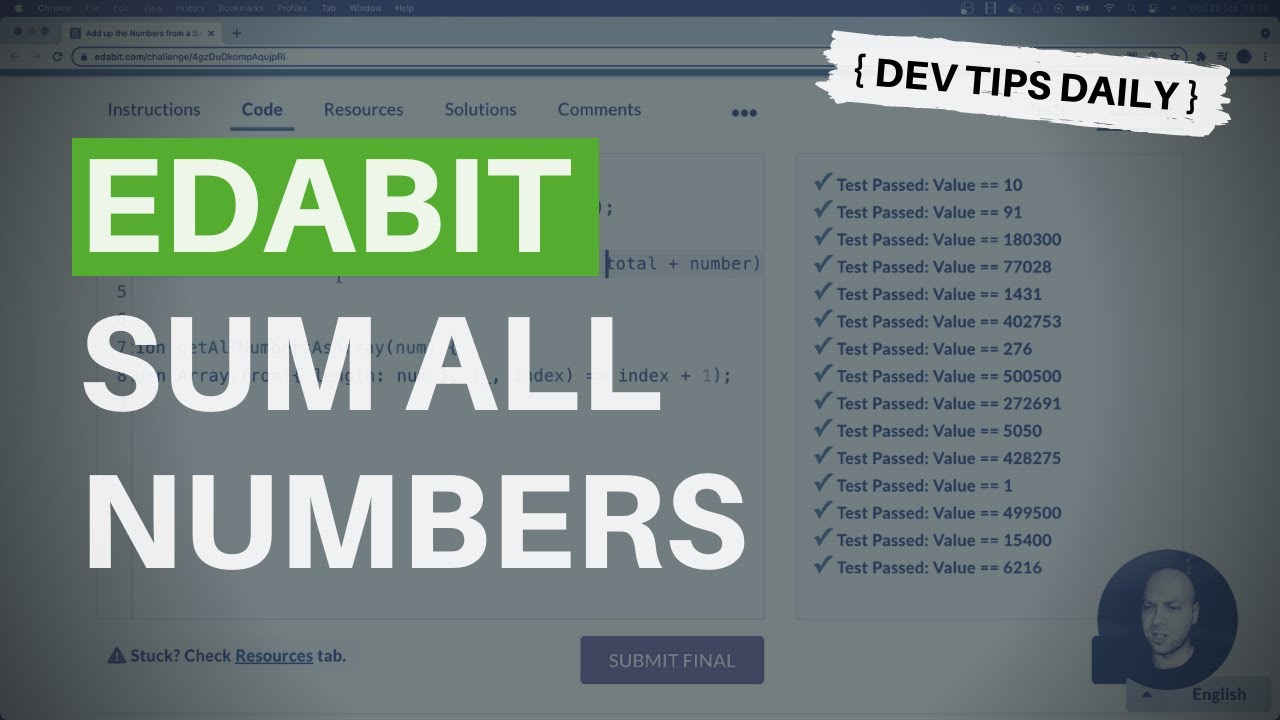 DevTips Daily: Edabit JavaScript coding challenge - Sum all numbers