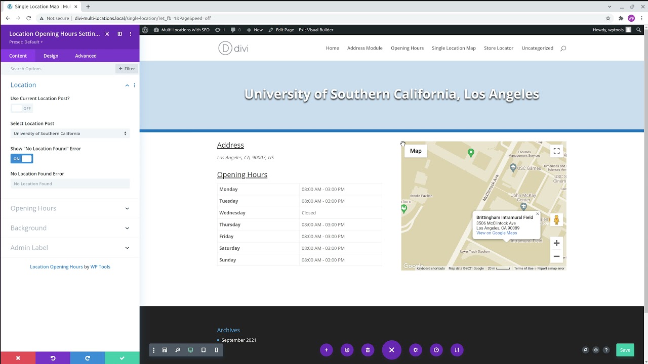 Location Address, Opening Hours & Map In Divi