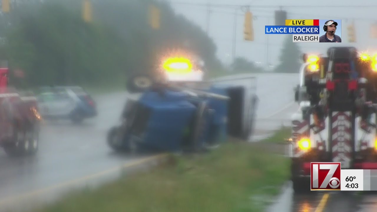 Overturned dump truck shuts down Capital Boulevard in Raleigh