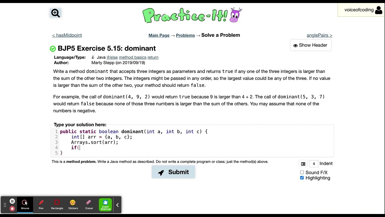 Exercise 5.15 (dominant) Java Tutorial || Practice-It