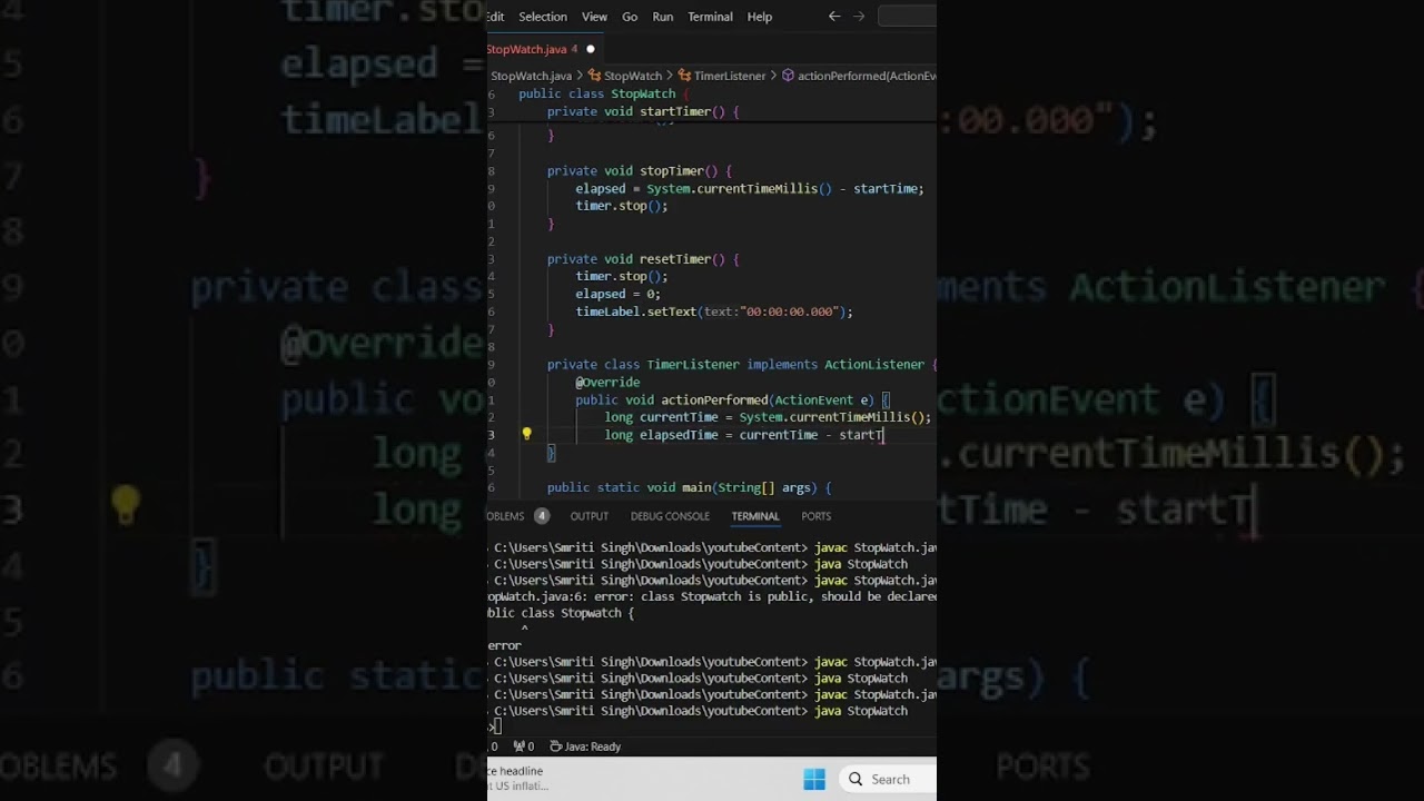 Stopwatch in java #javatutorial #programming #java #softwareengineer #googlecoding #code #javaui
