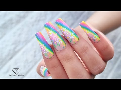 Easter rainbow nails with delicate flowers. Colourful spring nail art for beginners