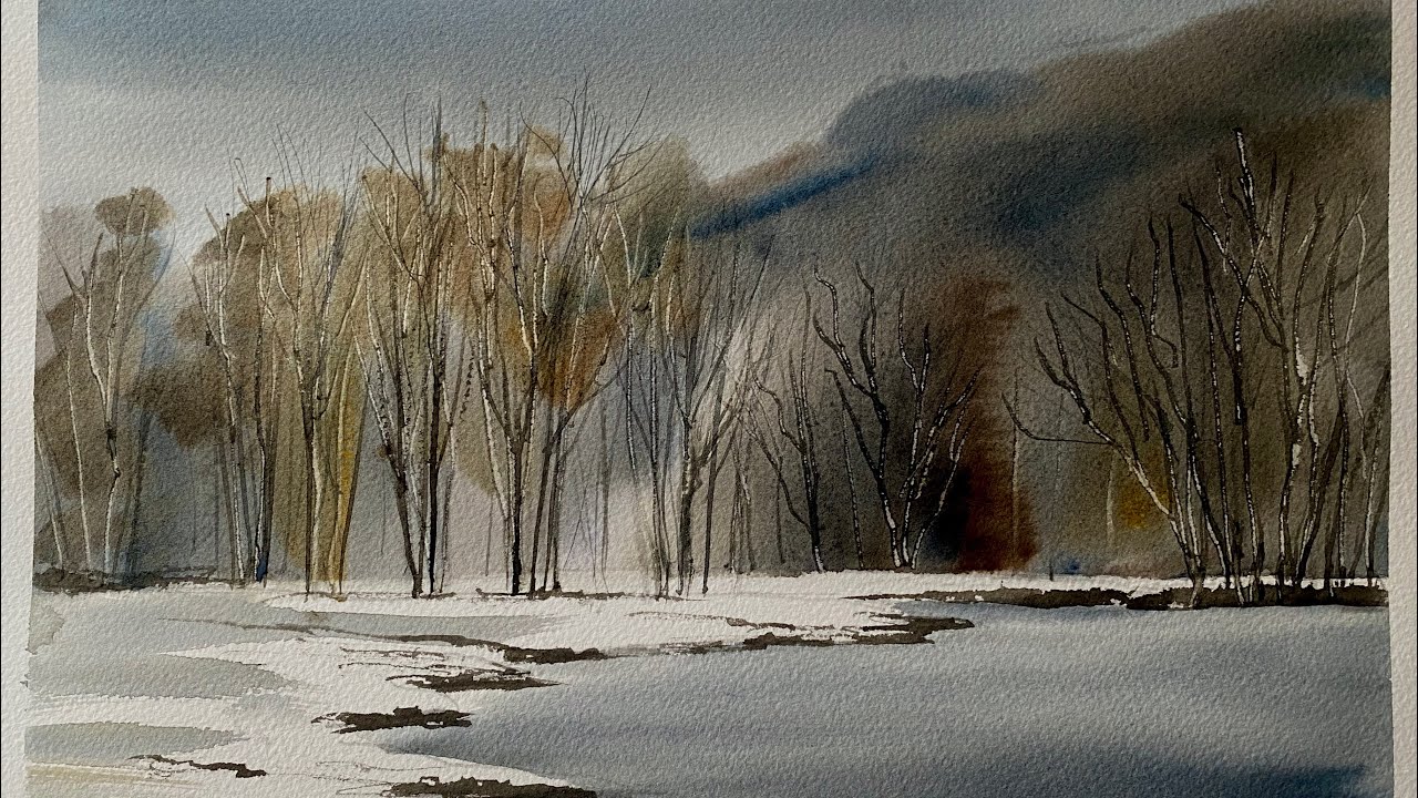 BEGINNERS  Loose WATERCOLOR STORMY SKY, Winter Trees & River Watercolour Landscape PAINTING Tutorial