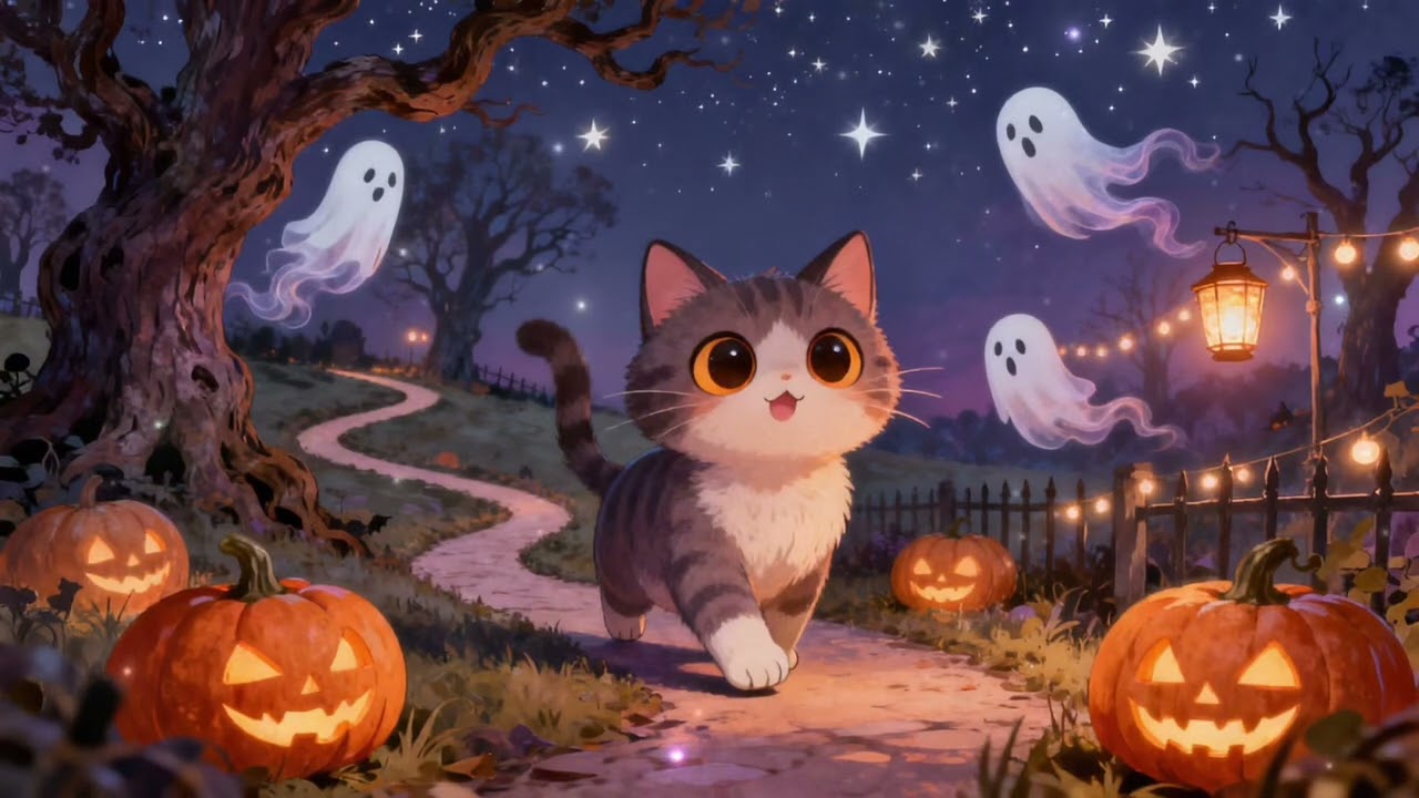 Kawaii cat on halloween night live wallpaper ♡ aesthetic spooky cute silent screensaver 