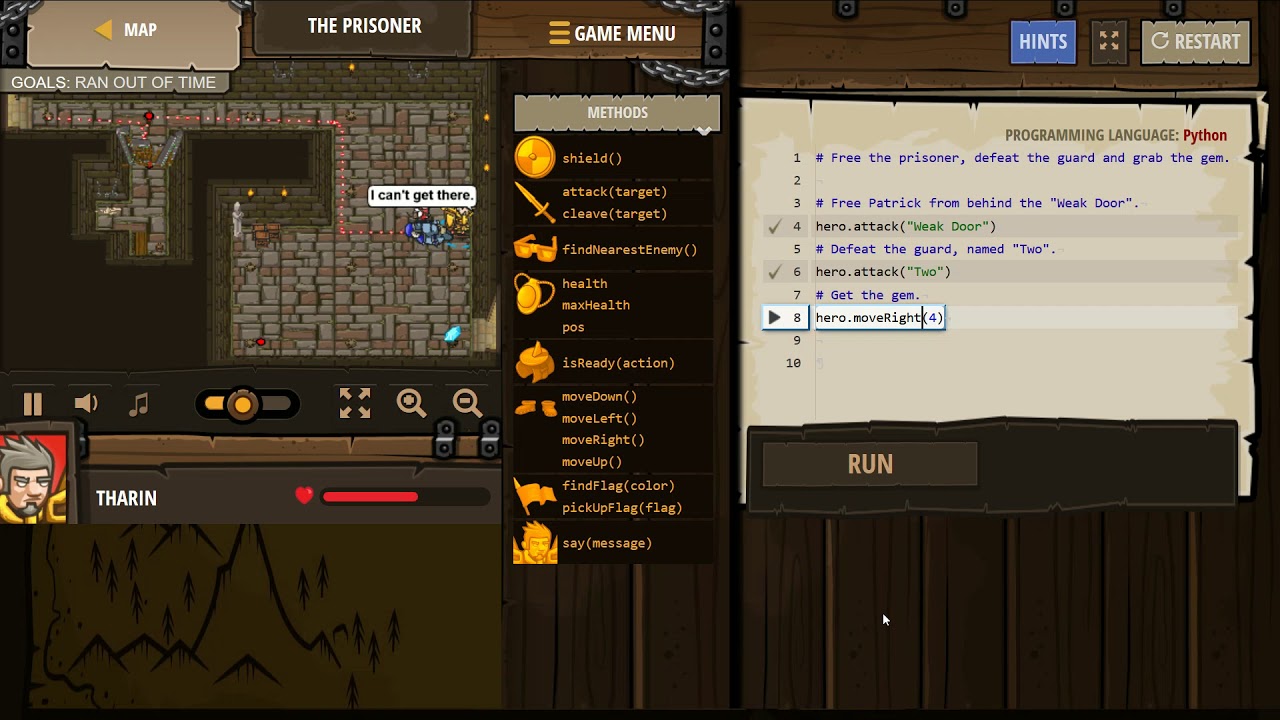 Code Combat PYTHON Level THE PRISONER, Arguments, Basic Syntax, Strings