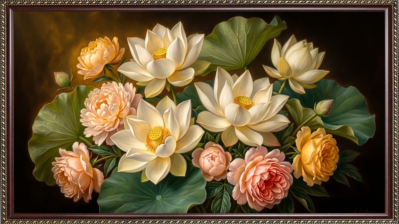 Premium Lotus & Rose Arrangement | Luxury Floral Wall Decor 4K