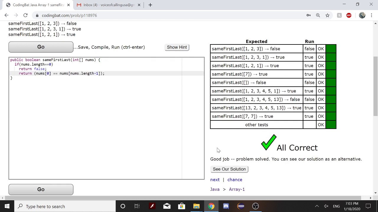 Array-1 (sameFirstLast) Java Tutorial || Codingbat.com