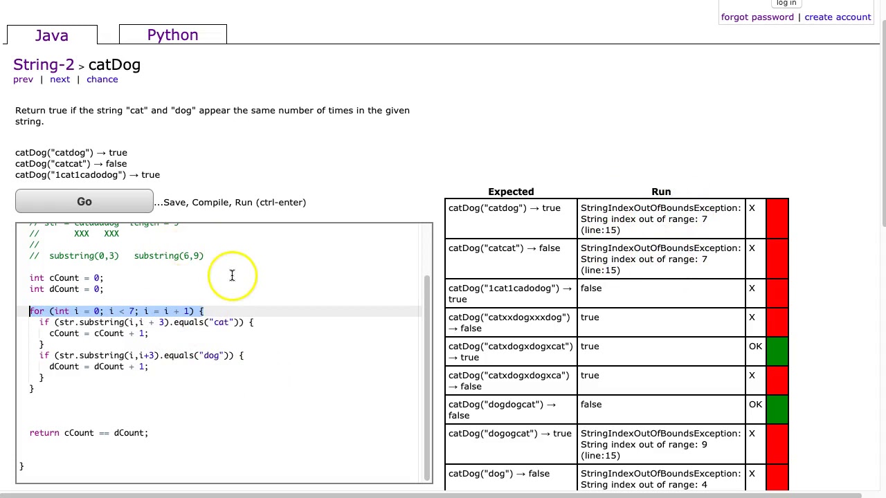 Codingbat - catDog (Java)