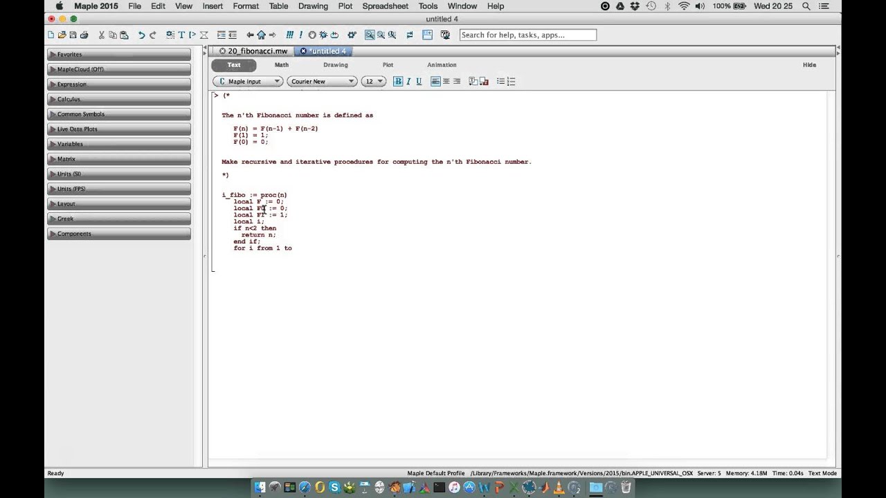 Maple Programming 20 fibonacci case study