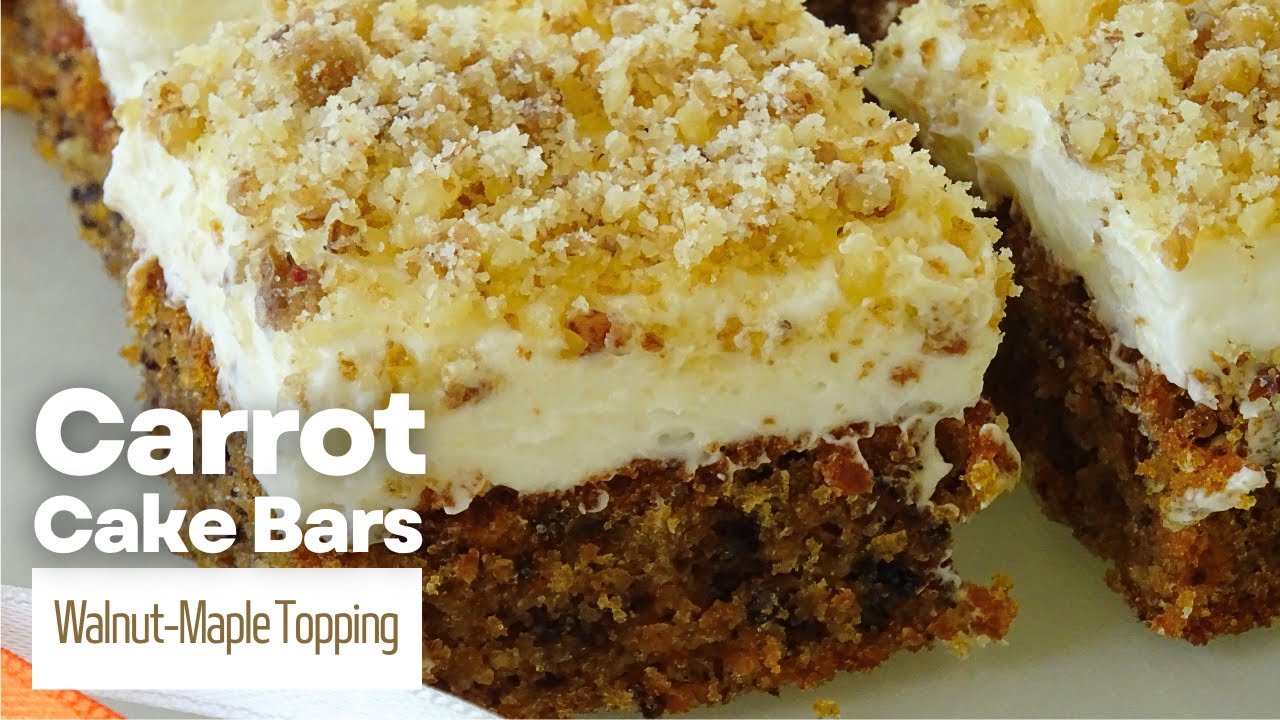 Carrot Cake Bars with Cream Cheese Frosting and Unique Walnut-Maple Topping/Cherry on the cake