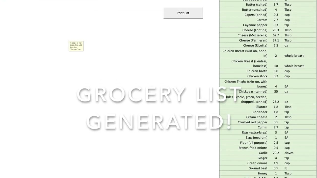 Grocery List Generator | Excel Spreadsheet | Recipe Database | Ingredients