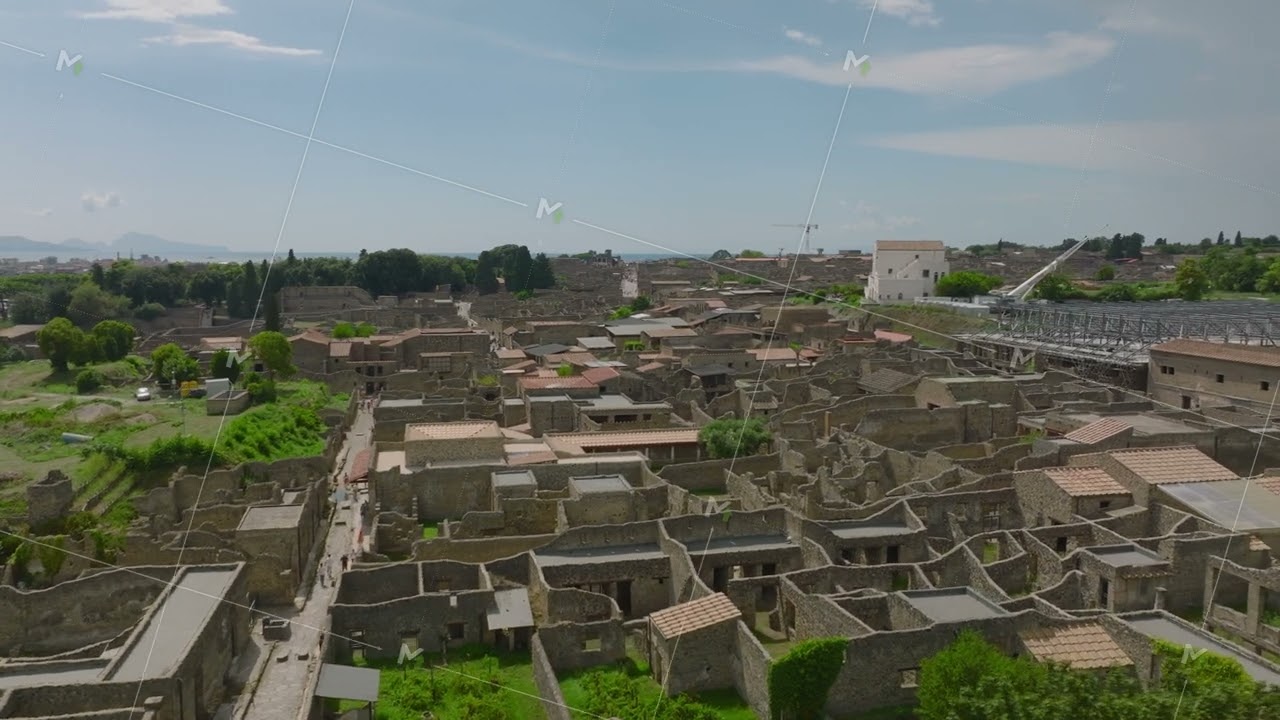 Aerial view of remains of houses in historic tourist landmark. Ruins of ancient city of Pompeii