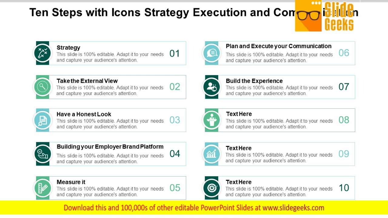Ten Steps With Icons Strategy Execution And Communication Ppt Powerpoint Presentation Inspiration