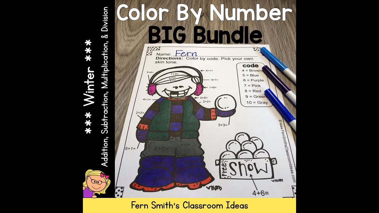 Winter Color By Number Addition Subtraction Multiplication and Division Bundle