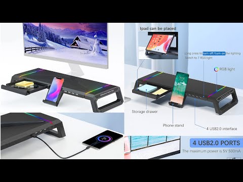 MOOJAY Monitor Stand for Desk RGB Gaming Lights with 4 USB 2.0, Foldable Computer Screen Riser