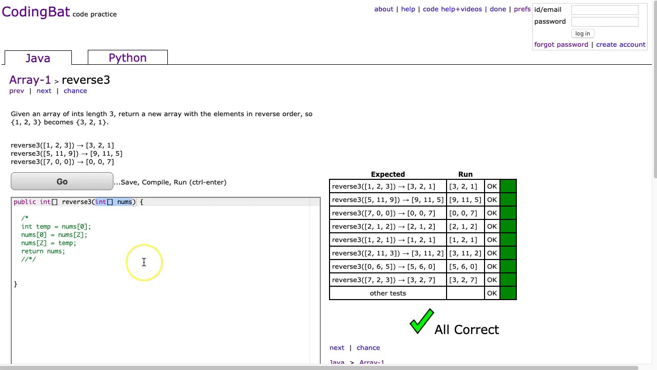 Codingbat - reverse3 (Java)