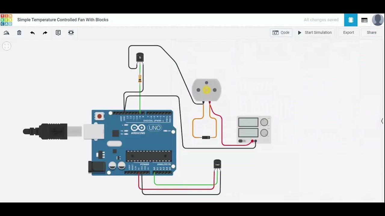 Arduino Temperature Controlled Fan #Tinkercad Code Blocks with Arduino and TMP36 Temperature Sensor