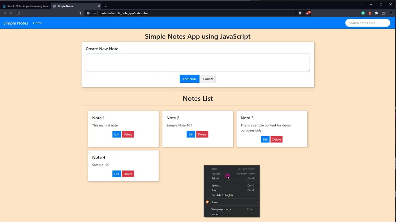 Simple Notes Application Source Code using JavaScript DEMO