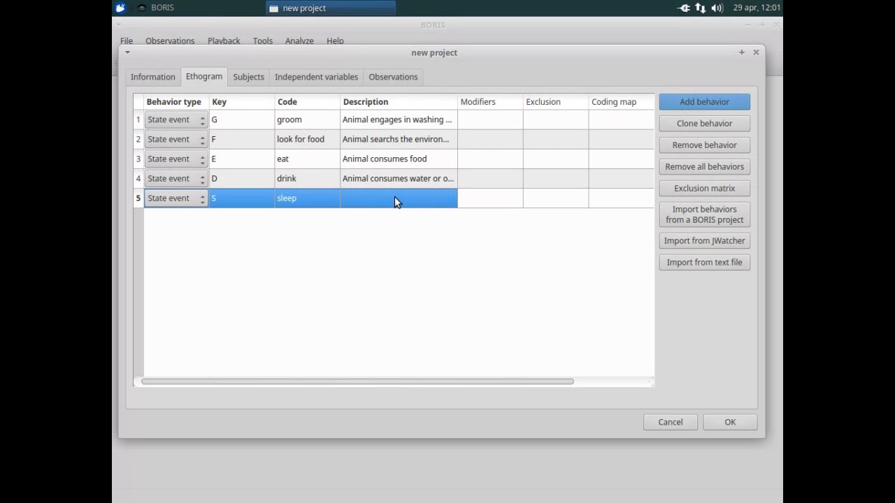 Create a new project with BORIS (the free and open-source event logging software)