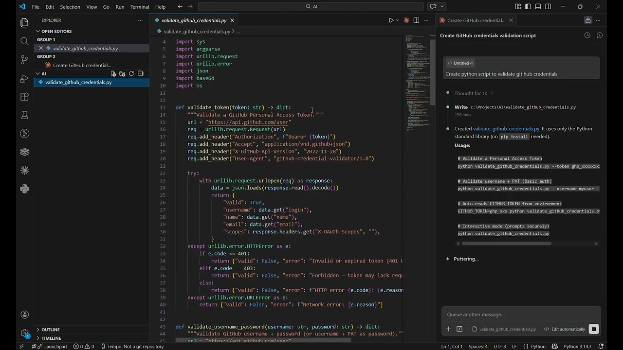 Claude AI + VS Code: Auto Generate Python Script for GitHub Authentication