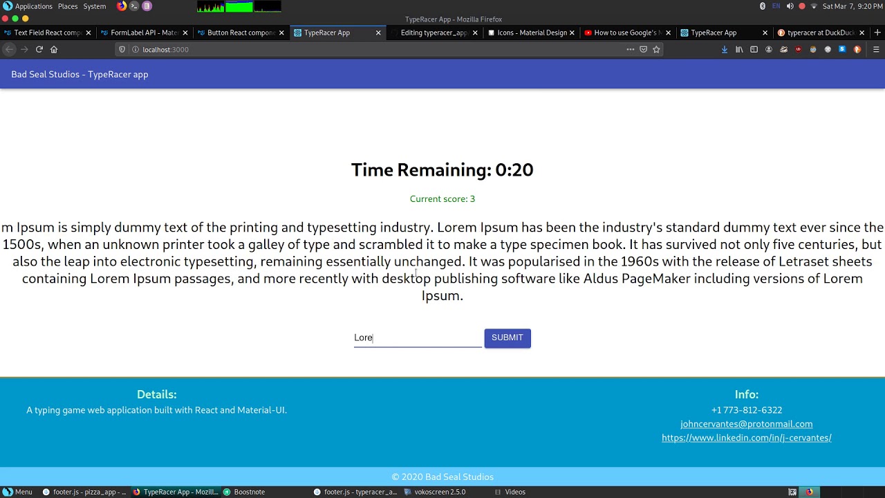 A typing game web application built with React and Material-UI.