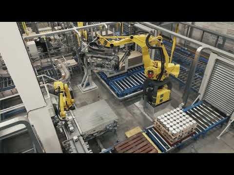 Fanuc Robot Arm Palletizing Bundled Cans and Buckets with Slip Sheets | www.ProPac.com