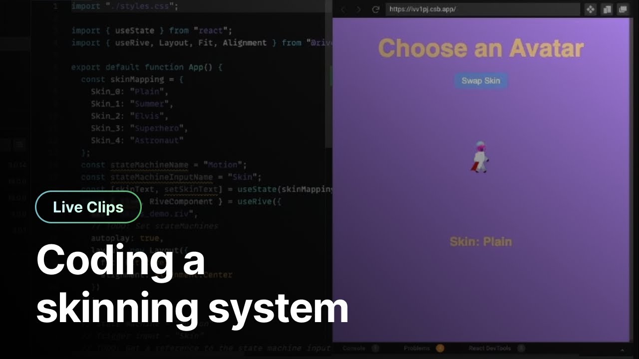 Rive + React skinning demo