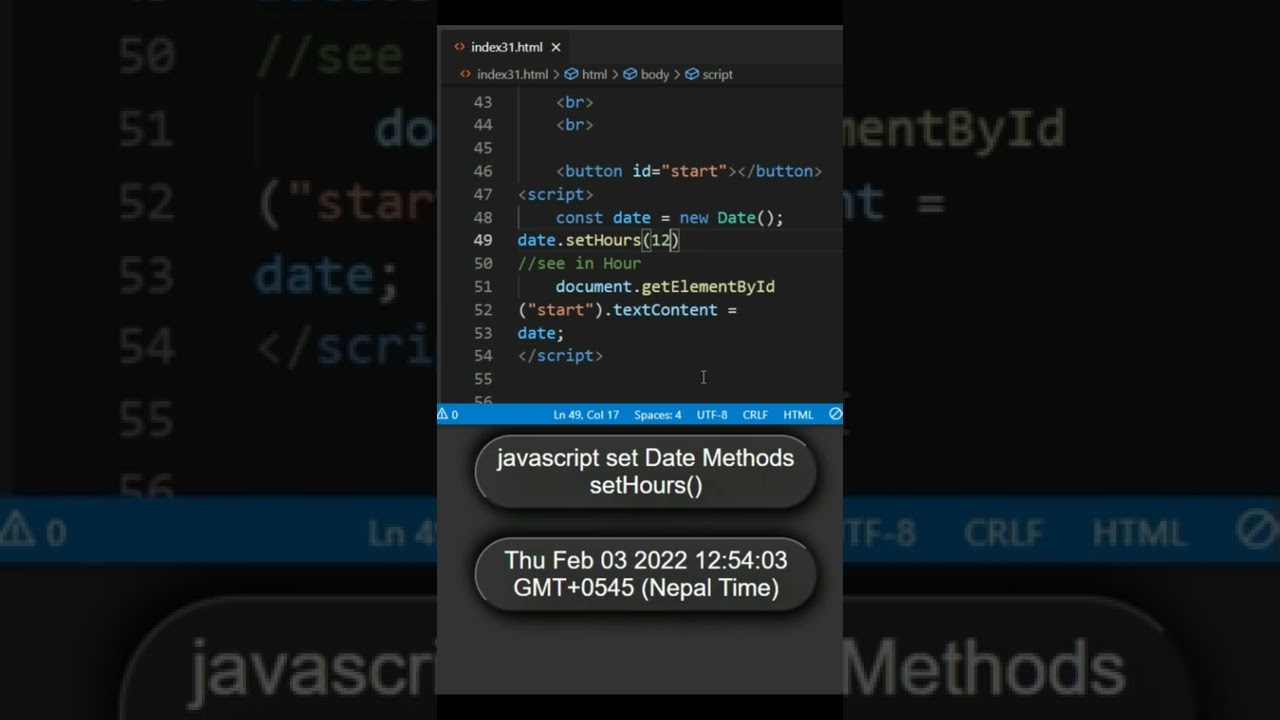 JavaScript Set Date Method setHours #shorts #html