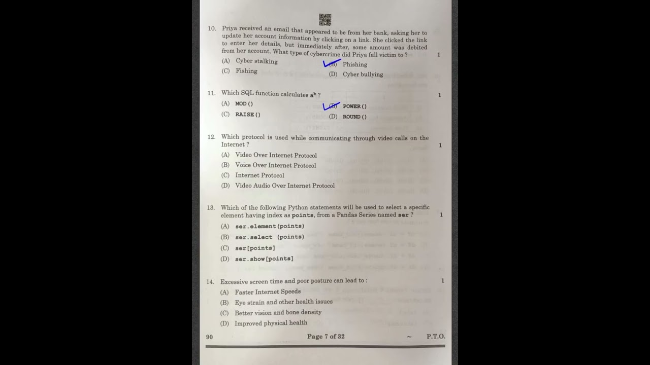 Class 12 Informatics Practices | CBSE 2025 exam | Answer key | Section-A