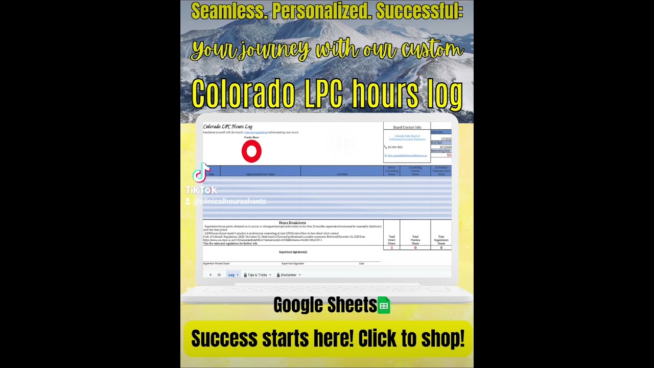 Colorado LPC Clinical Hours Log Supervision Template Google Sheets #colorado #lpc #counselor #lpcc