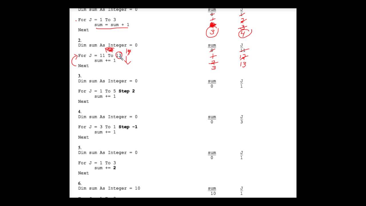 VB Tracing For Loops Worksheet 1