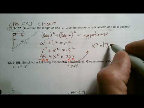CPM CC3 Chapter 9 Closure #9-157 (Pythagorean Theorem)