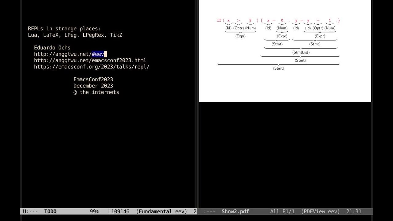 REPLs in strange places: Lua, LaTeX, LPeg, LPegRex, TikZ (@ EmacsConf 2023)