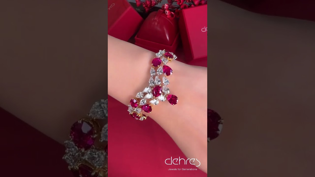 Unheated Mozambique ruby and pear-shaped white diamond bracelet totaling over 38 carats #ruby