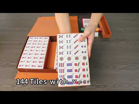 GUSTARIA Chinese Mahjong Tiles Set with 146 Numbered Large Tiles (Yellow), and Brown Carrying Case.