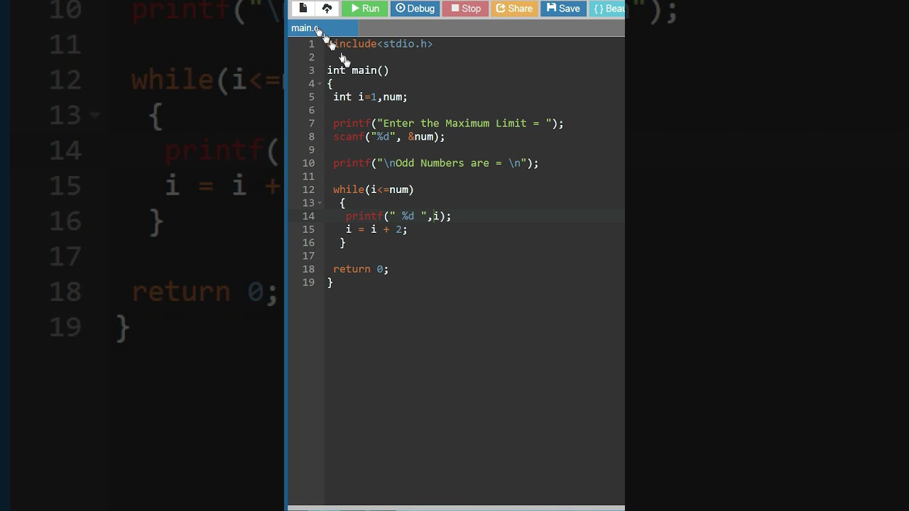 c program to print odd numbers from 1 to n using while loop #short