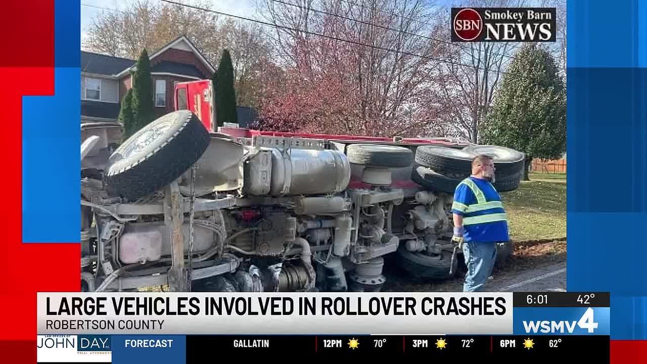 Dump truck, lineman truck overturn in Robertson County